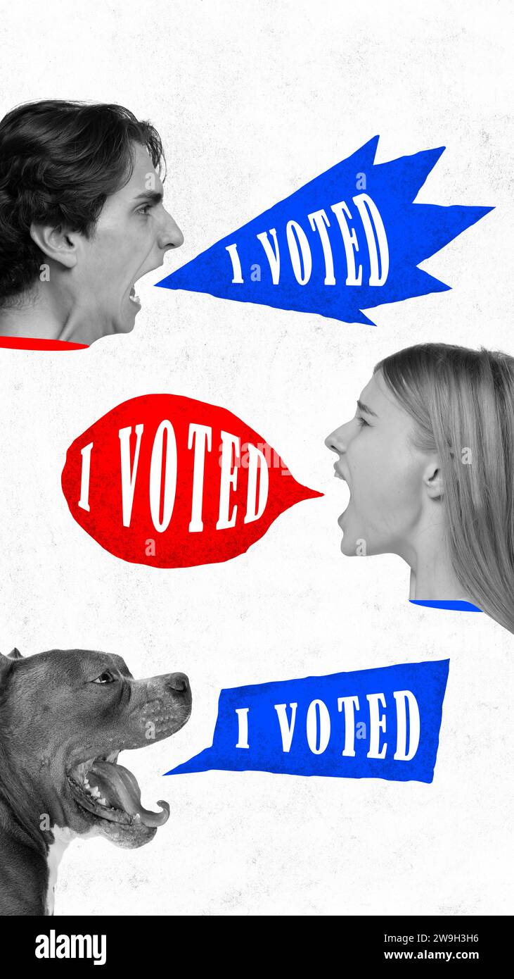 Contemporary art collage. people and one dog loudly shouting in speech ...