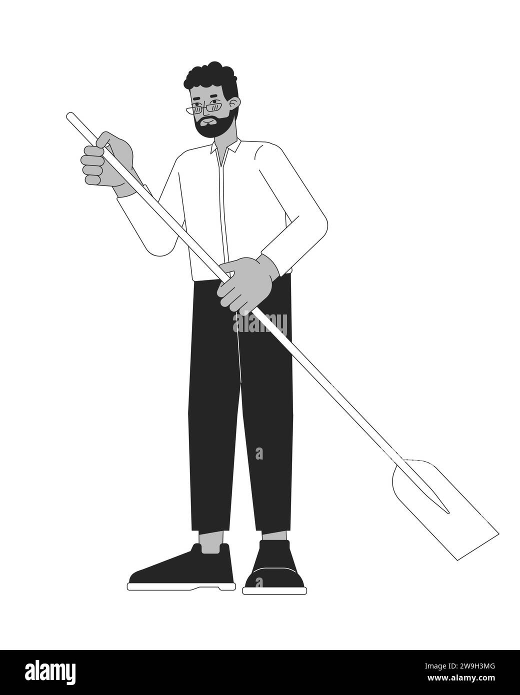 Formal wear black adult man holding paddle black and white 2D line cartoon character Stock ...