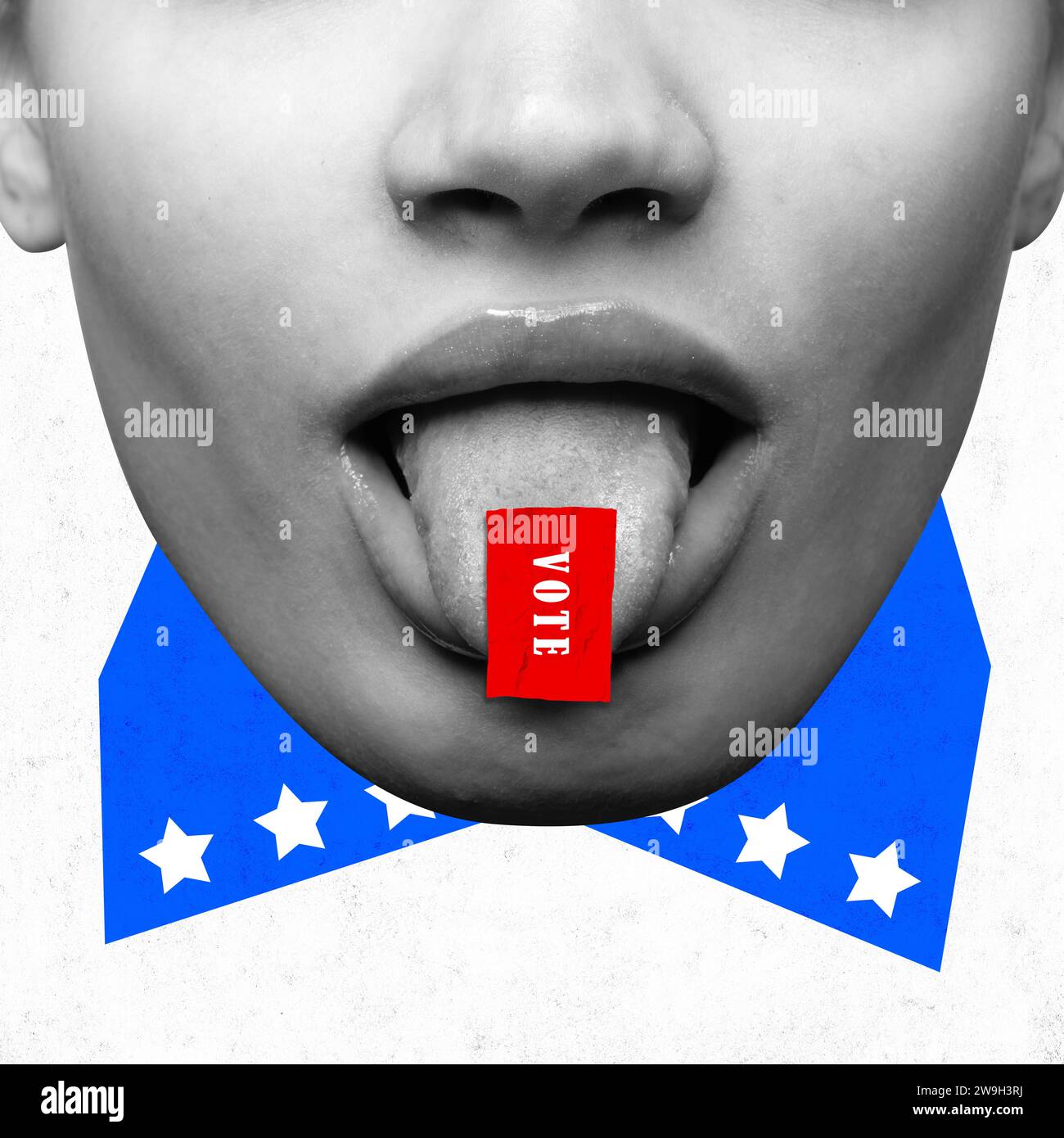 Contemporary art collage. Cropped face of responsible citizen who stuck ...