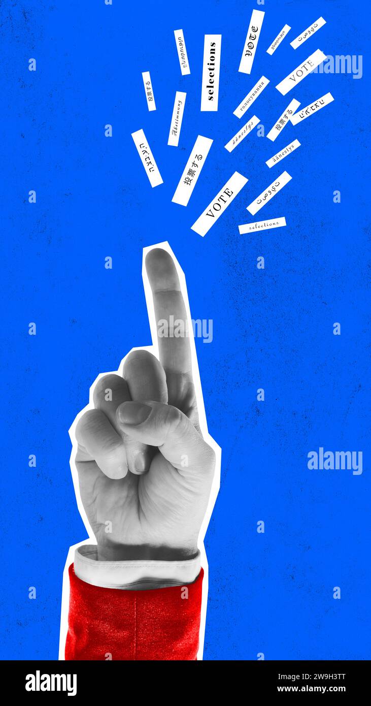Contemporary art collage. Monochrome hand pointing to world vote in ...