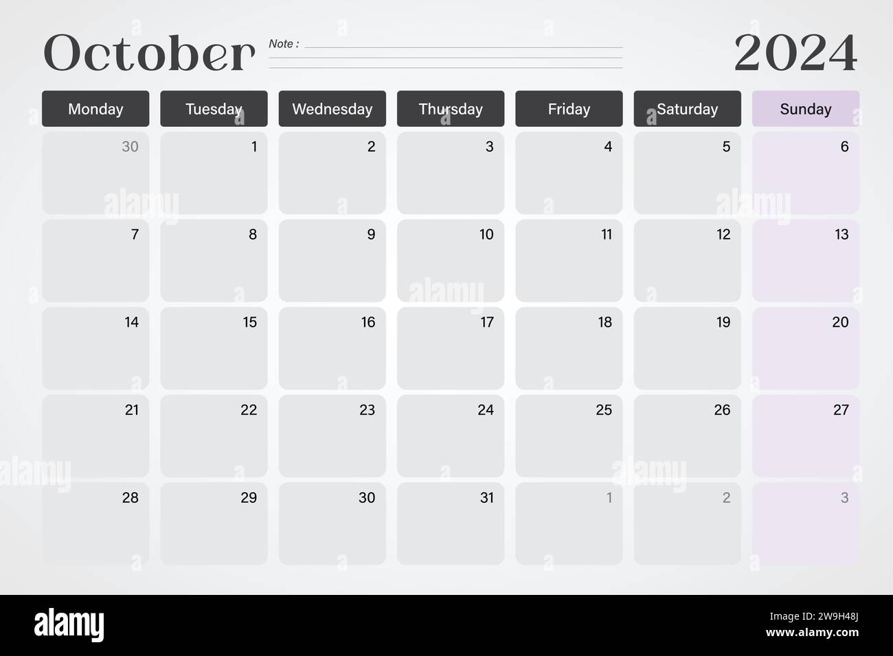 October 2024 calendar or desk planner in soft gray and purple colors ...