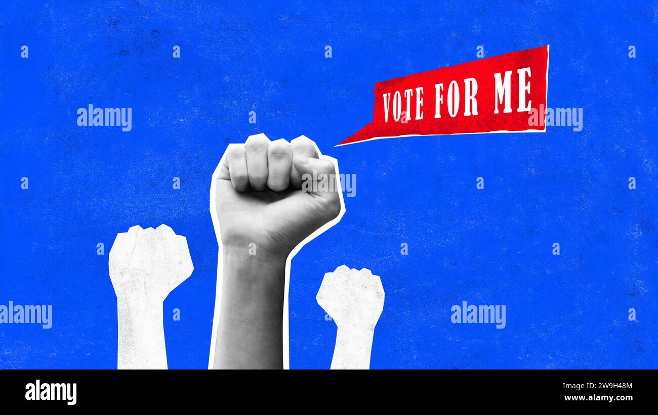 Contemporary art collage. Black and white fist with speech bubble that ...