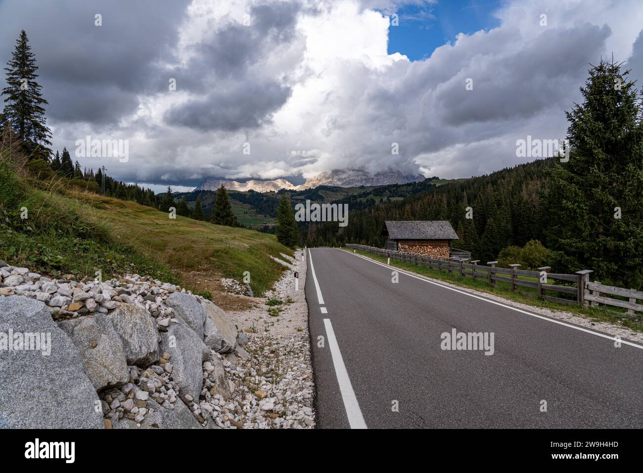 A view of a winding mountain road near the Campolongo Pass in the ...