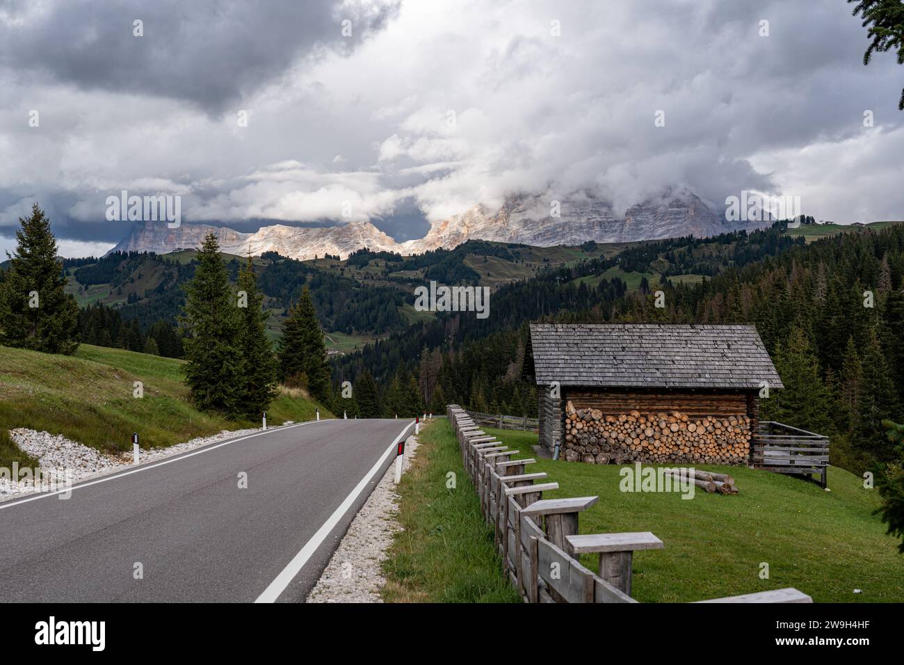 A view of a winding mountain road near the Campolongo Pass in the ...
