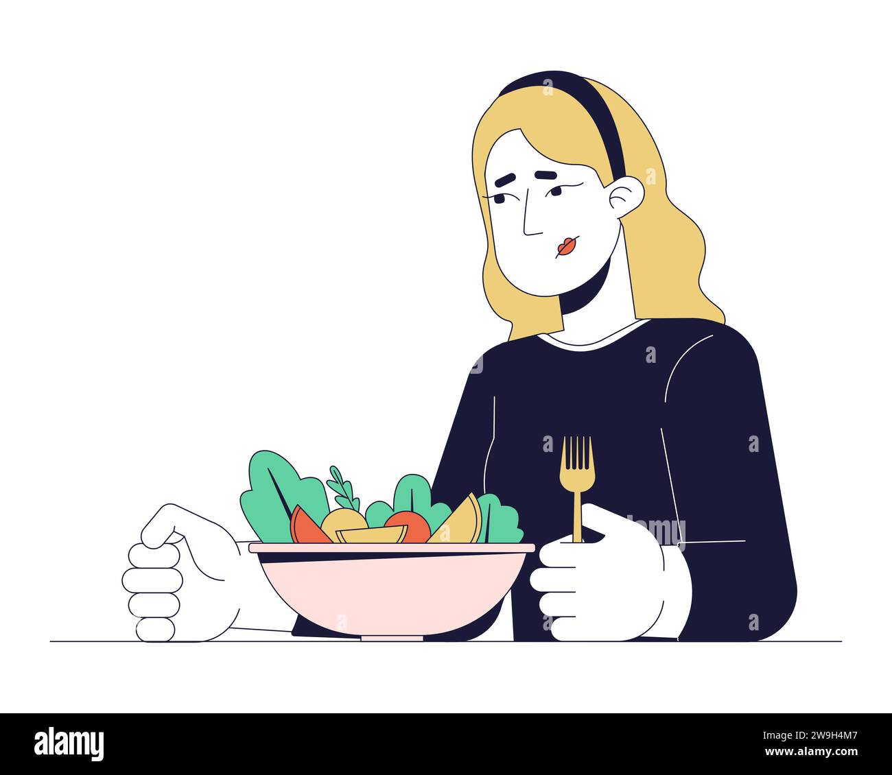 Caucasian woman decreased appetite 2D linear cartoon character Stock ...