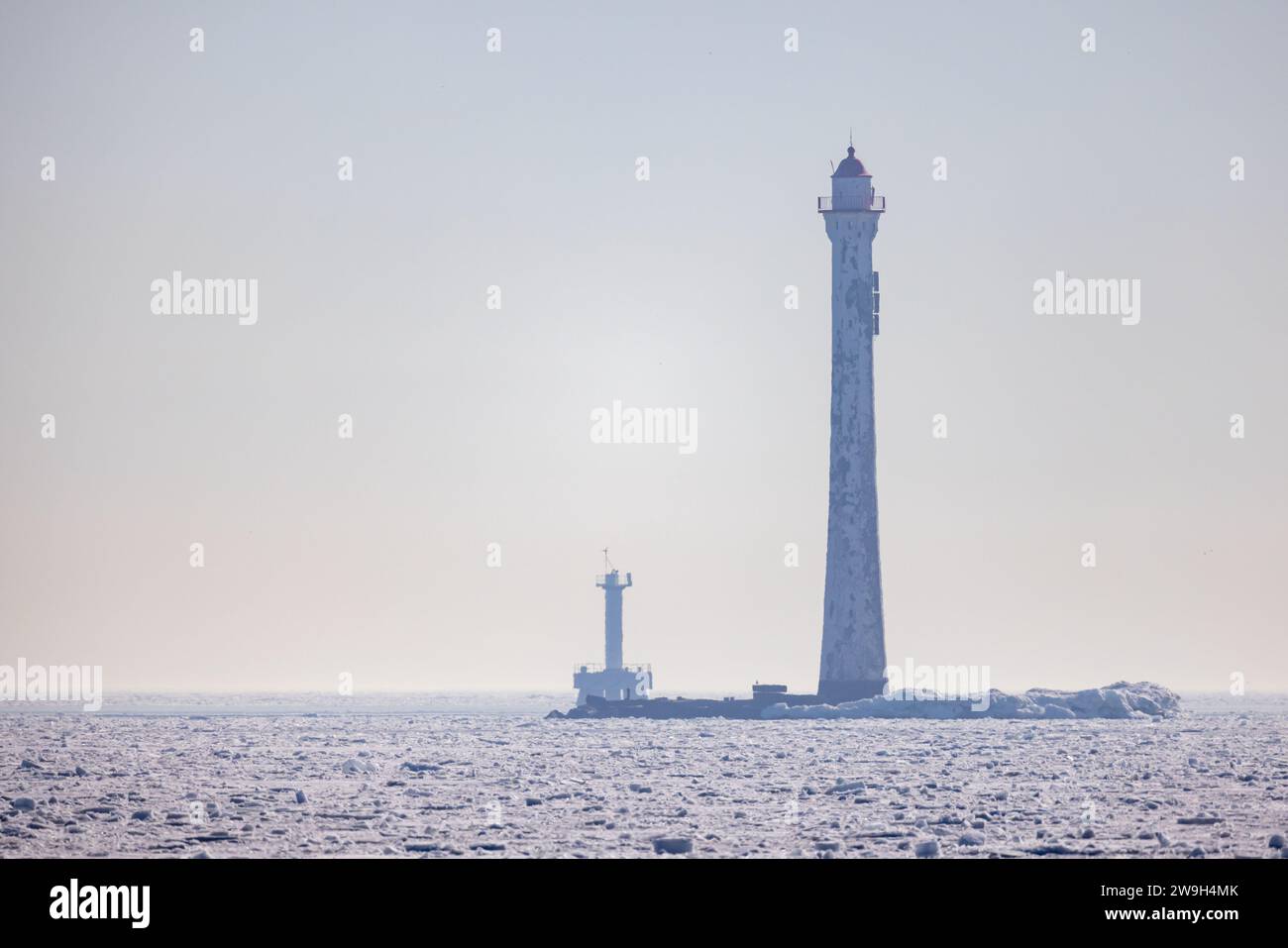 Rear Kronstadt lighthouse on a winter day. The lighthouse is an ...