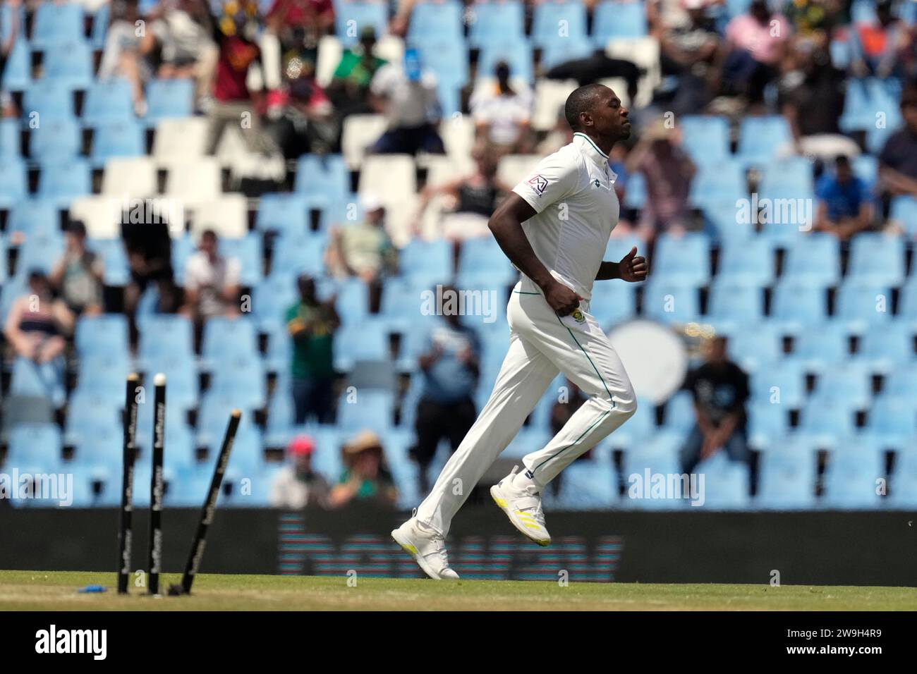 South Africa's bowler Kagiso Rabada celebrates after bowling India's ...