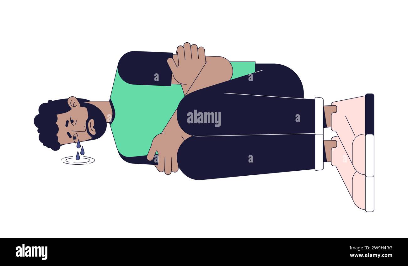Emotional breakdown black man lying curled up 2D linear cartoon ...