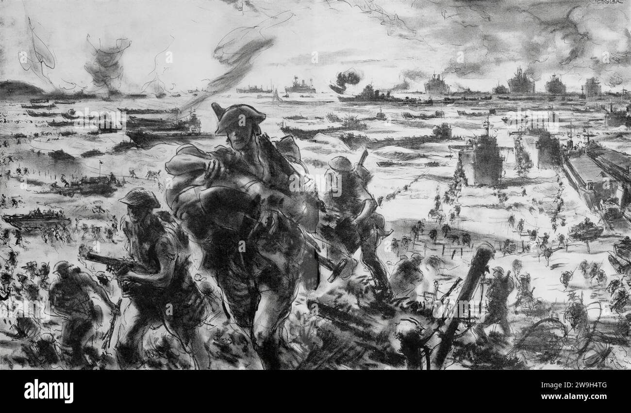 A drawing by Forster(?) of glider borne troop and paratroops who ...