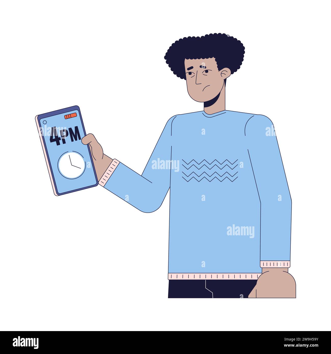 Tired hispanic man checking time on phone 2D linear cartoon character ...