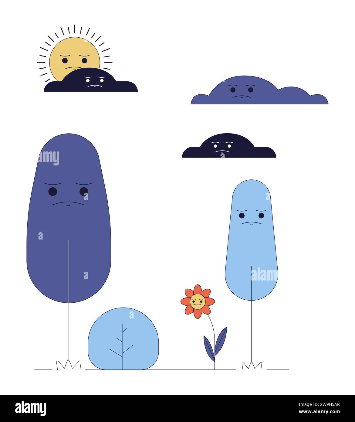 Sad plants in gloomy weather line cartoon flat illustration Stock ...