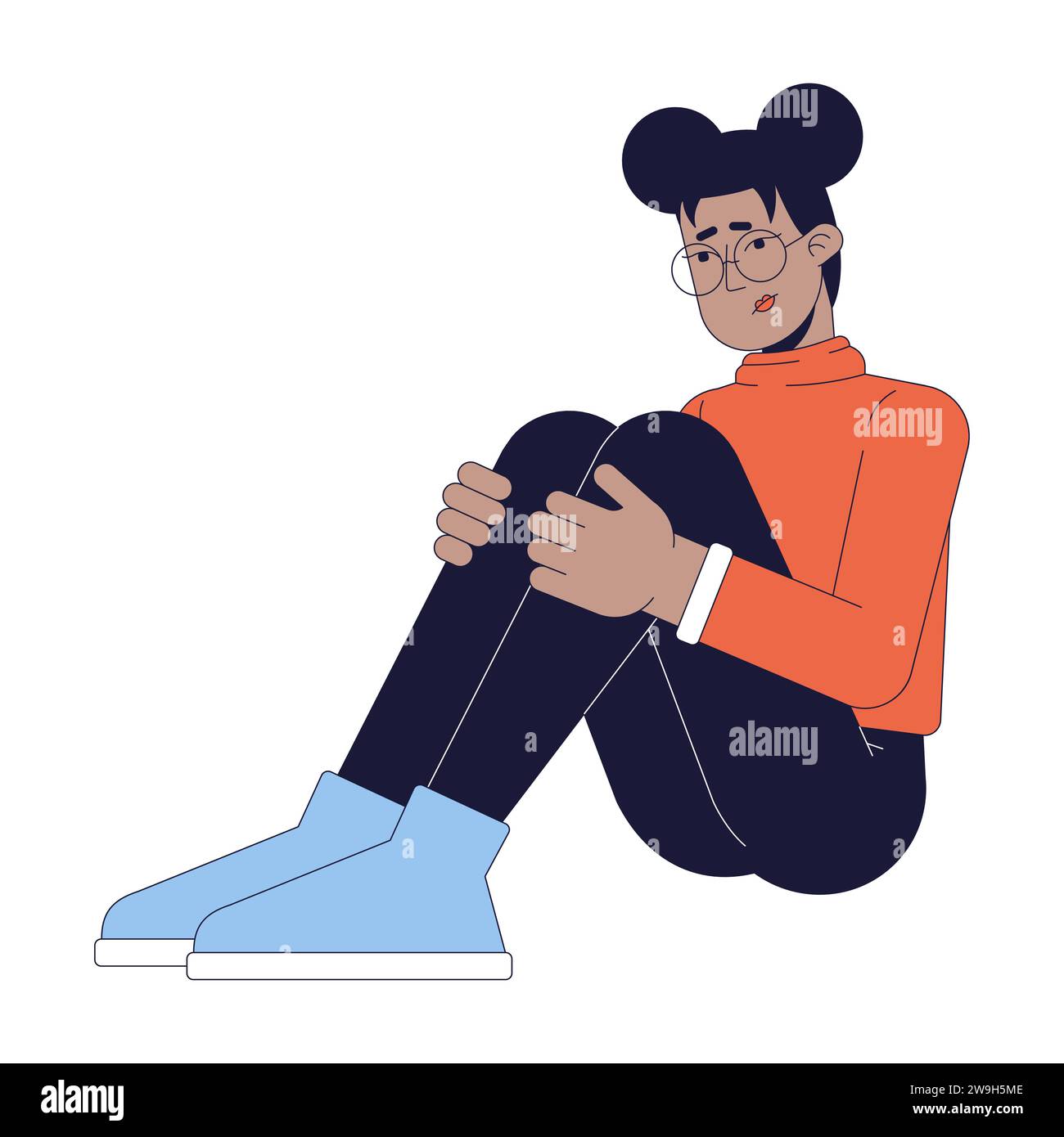 Tired african american woman hugging knees 2D linear cartoon character ...