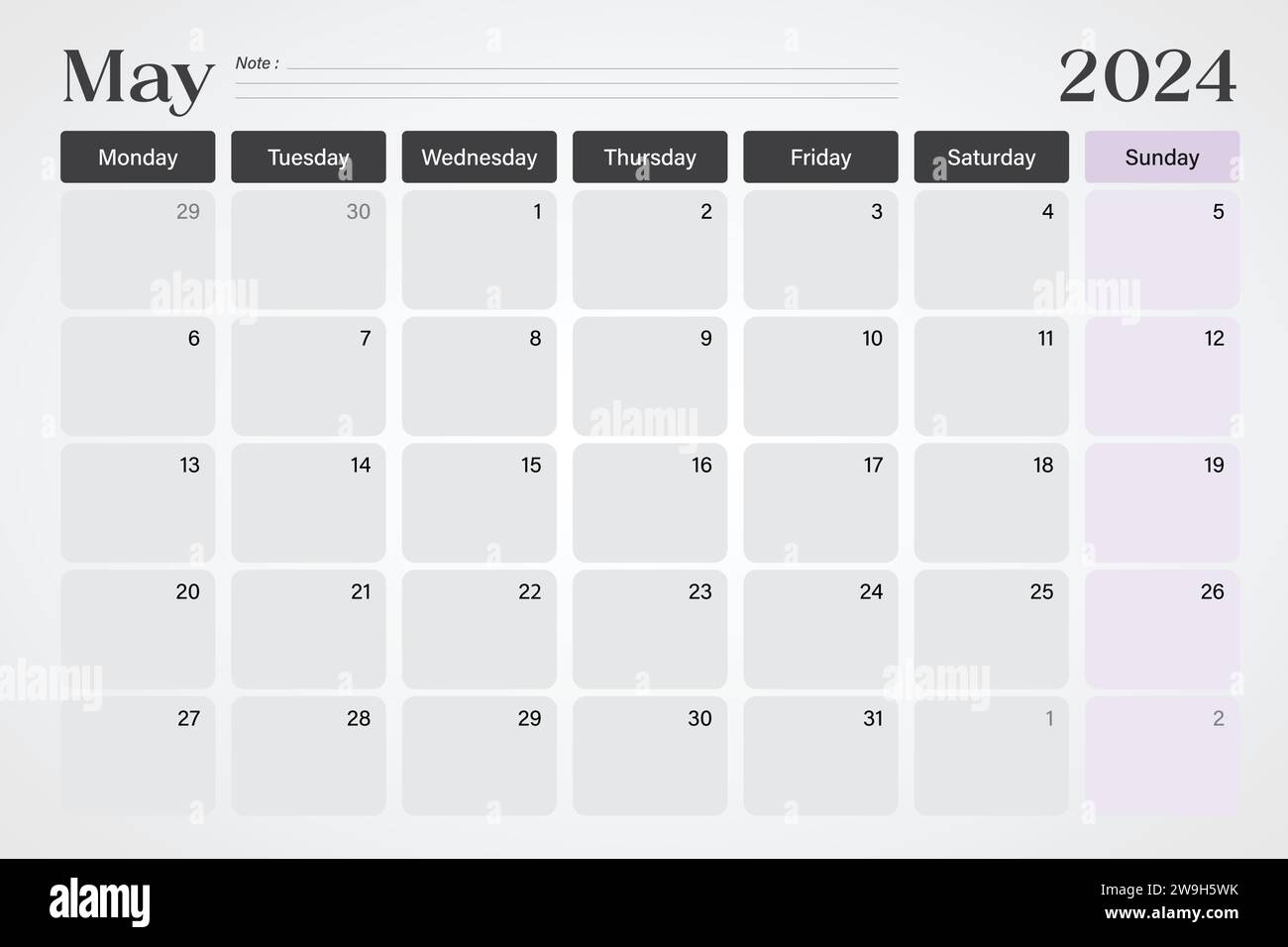 May 2024 calendar or desk planner in soft gray and purple colors with ...