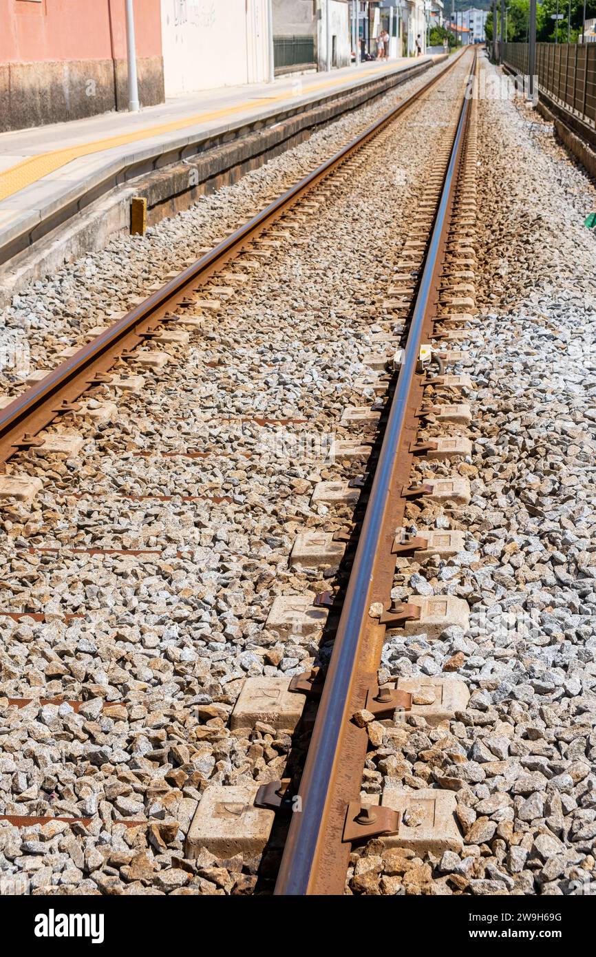 detail of the rails of a railroad line in Portugal Stock Photo - Alamy