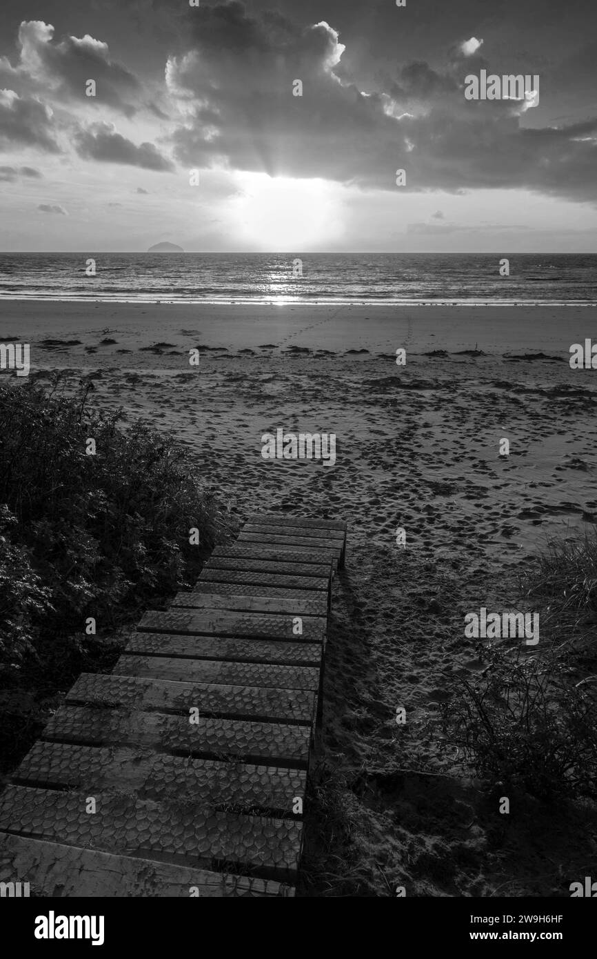 Black and white of walk steps to the Maidens Beach, Girvan, Scotland ...