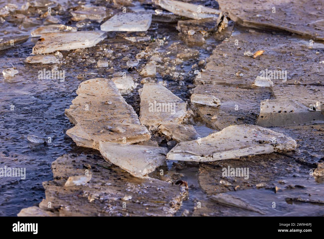 Frozen puddle with ice and fragments of ice in winter in the sunshine ...