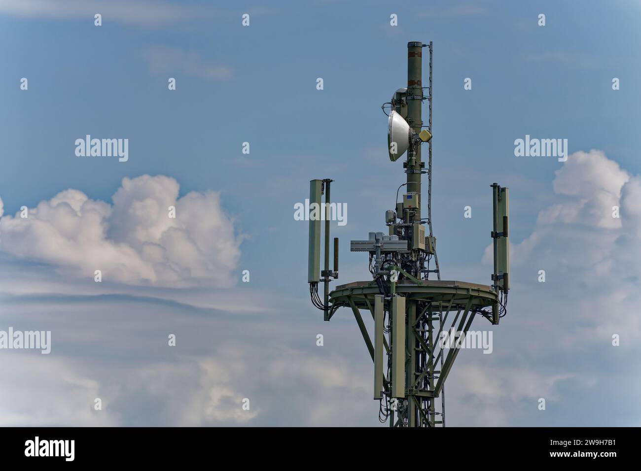 Close-up of an antenna mast with many different antennas for mobile ...
