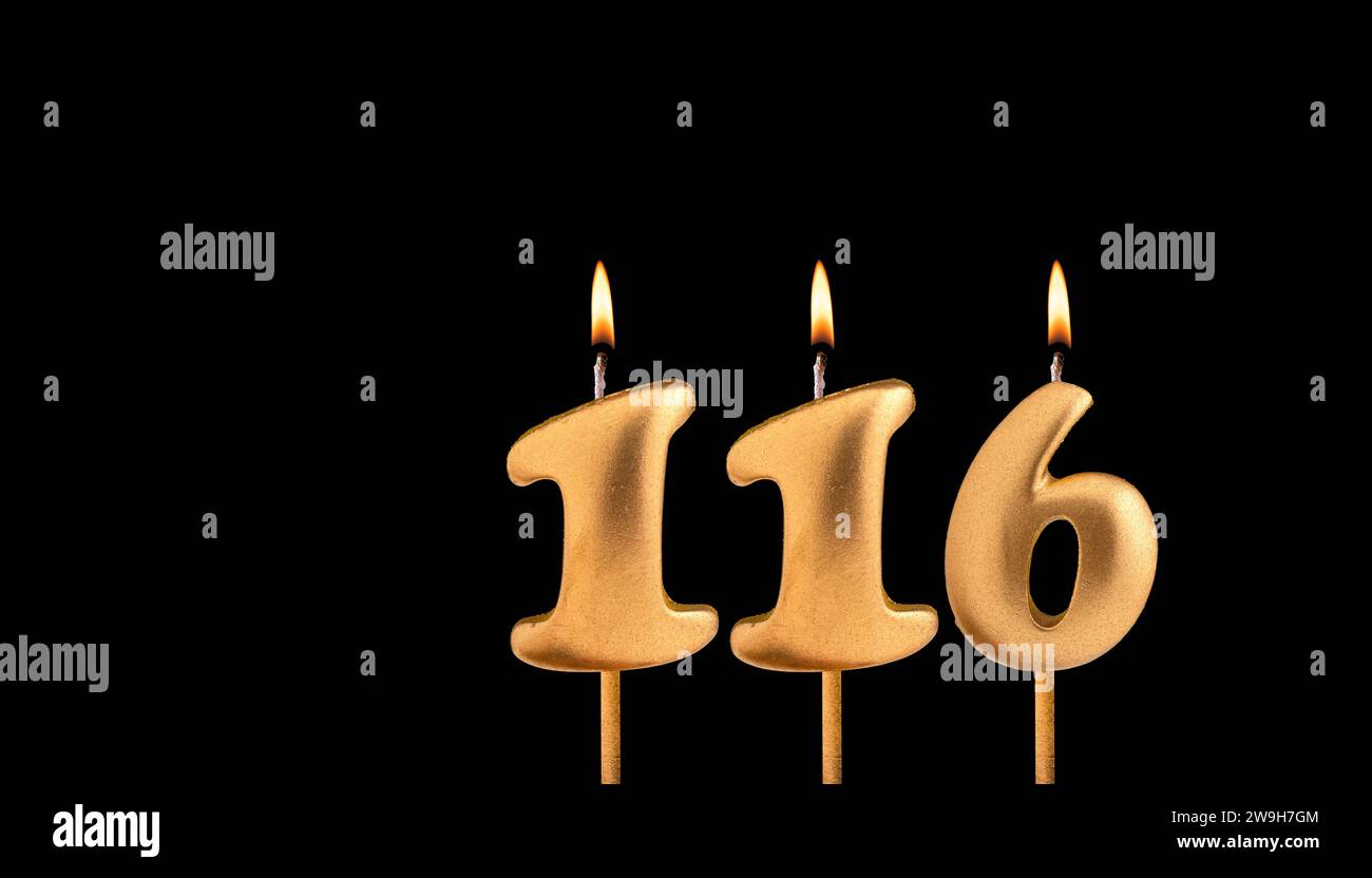 Birthday candle number 116 - Birthday celebration on black background ...