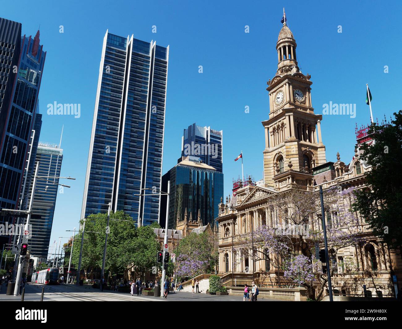 Front view of Sydney Town Hall on a bright sunny spring day in November ...