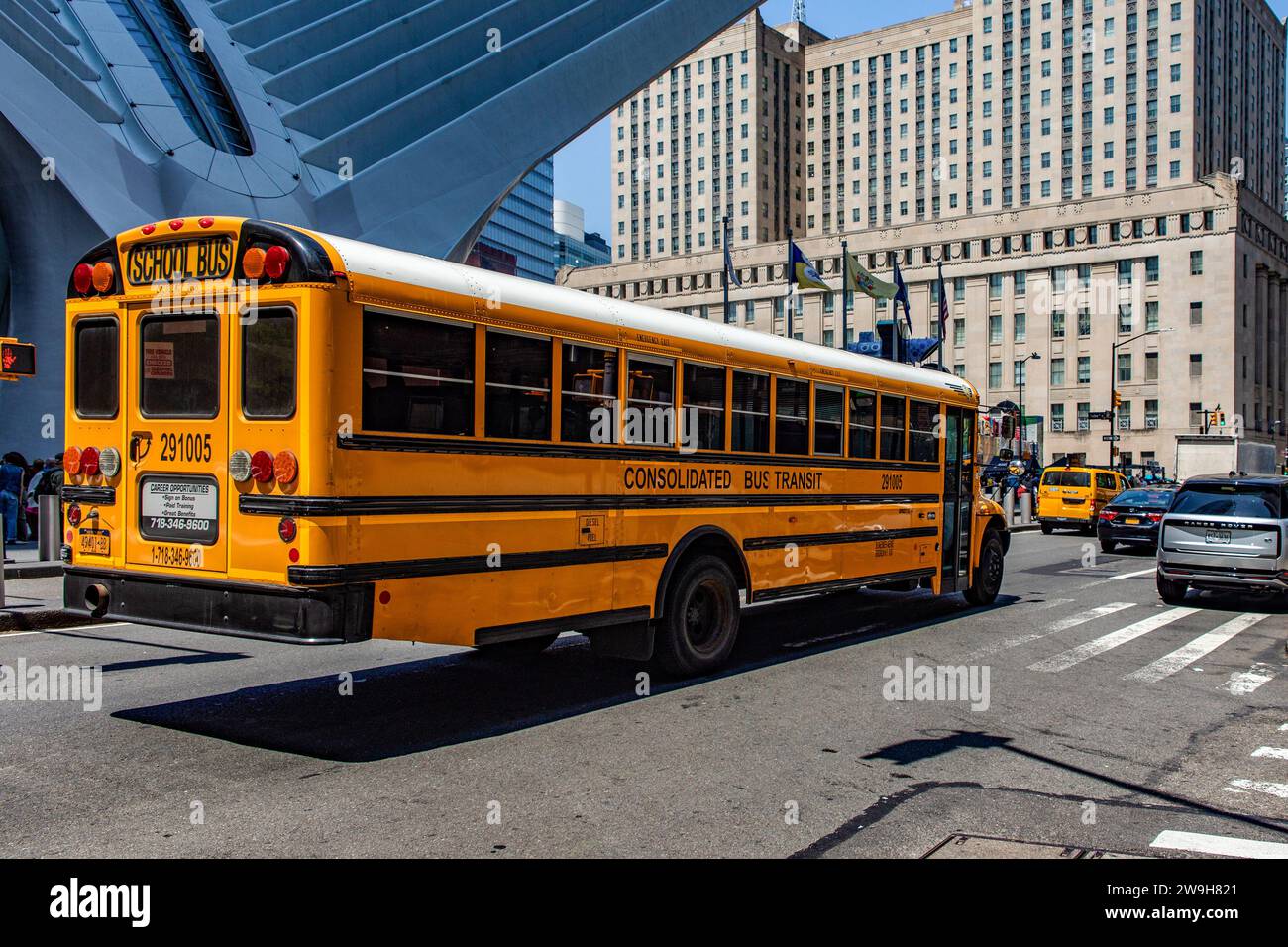 New York, USA; June 1, 2023: The typical North American yellow school ...