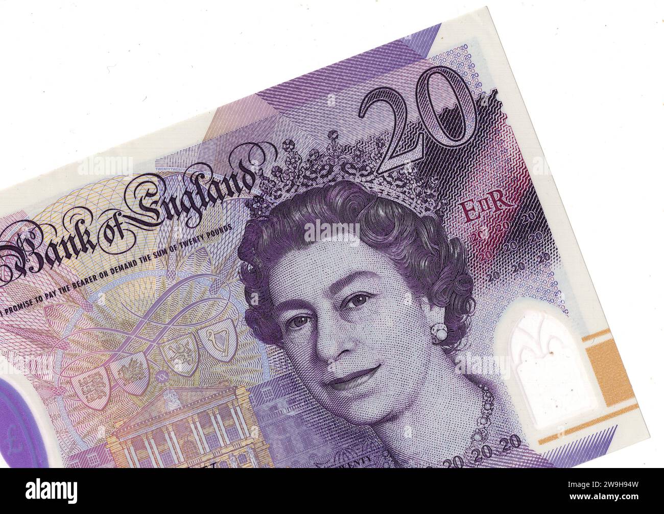 Close up of a twenty pound note featuring a portrait of Queen Elizabeth ...