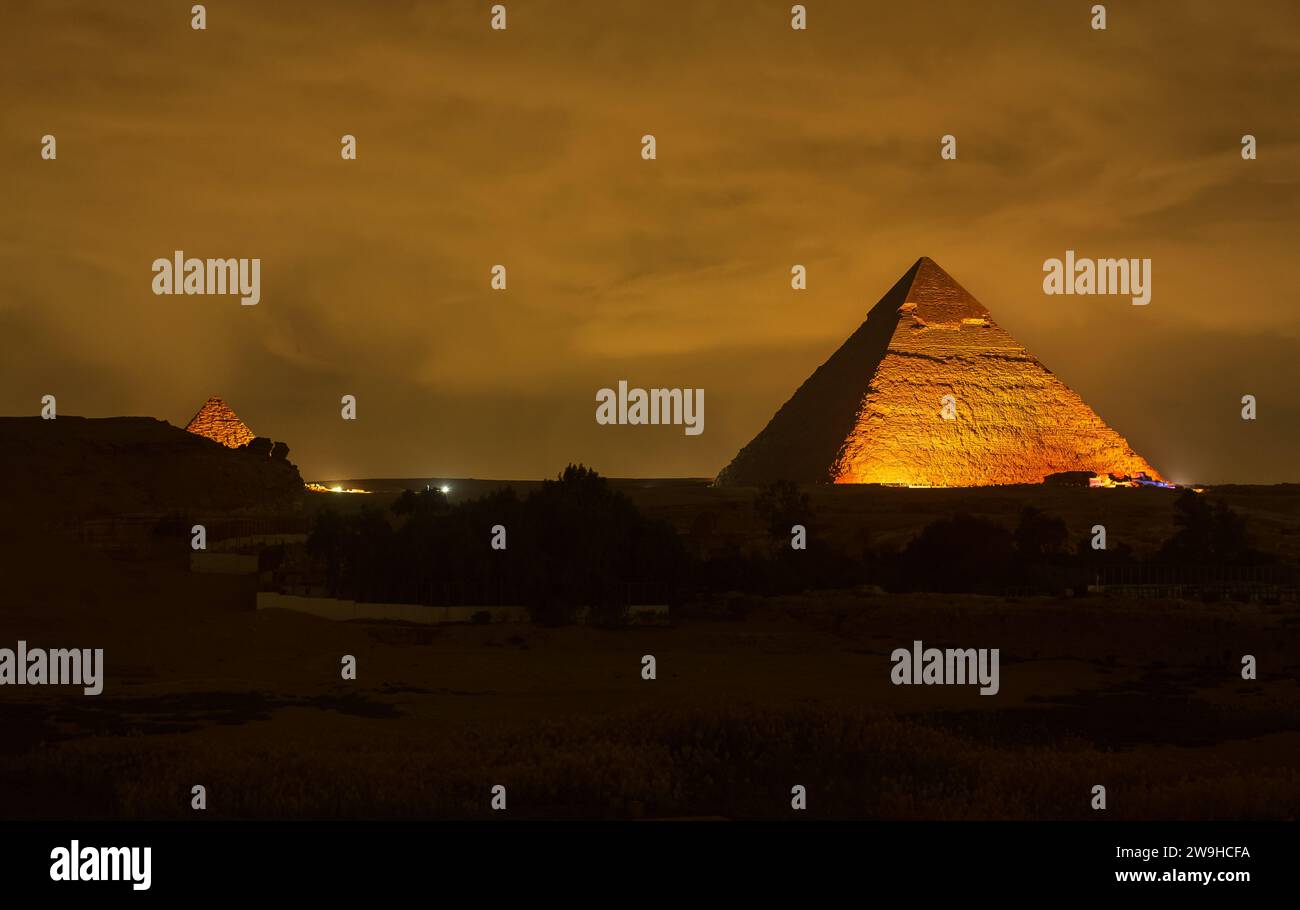 The Cheops pyramid from Giza at night. Giza pyramid illuminated at ...