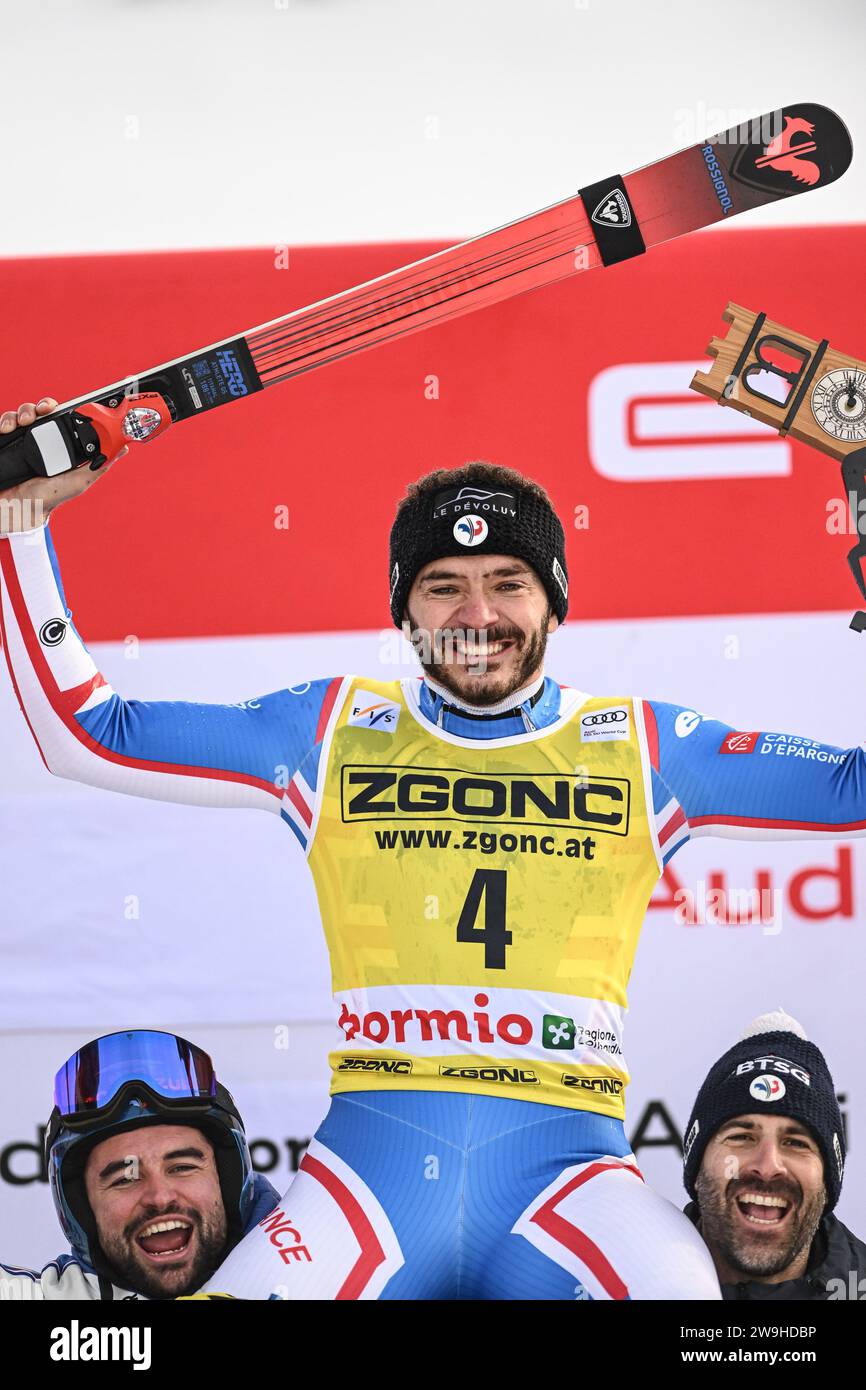 First place french Sarrazin Cyprien celebrates on the podium of the men ...