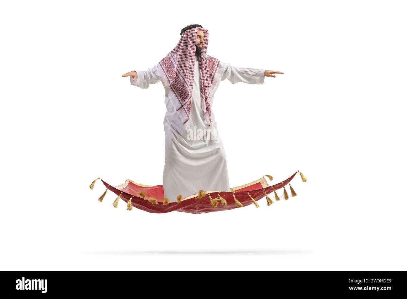 Arab man flying on a magic carpet isolated on white background Stock ...