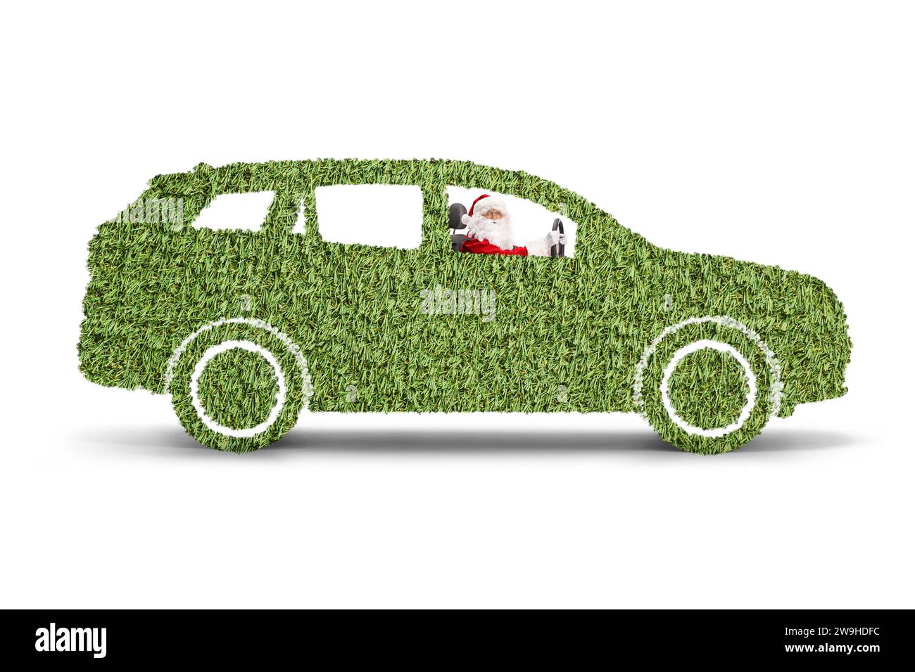 Santa Claus driving a green electric car isolated on white background ...