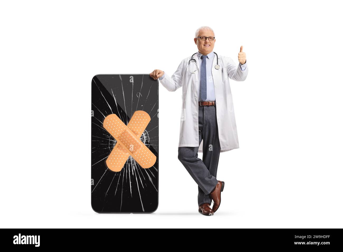 Doctor with a broken smartphone fixed with a bandage standing and ...