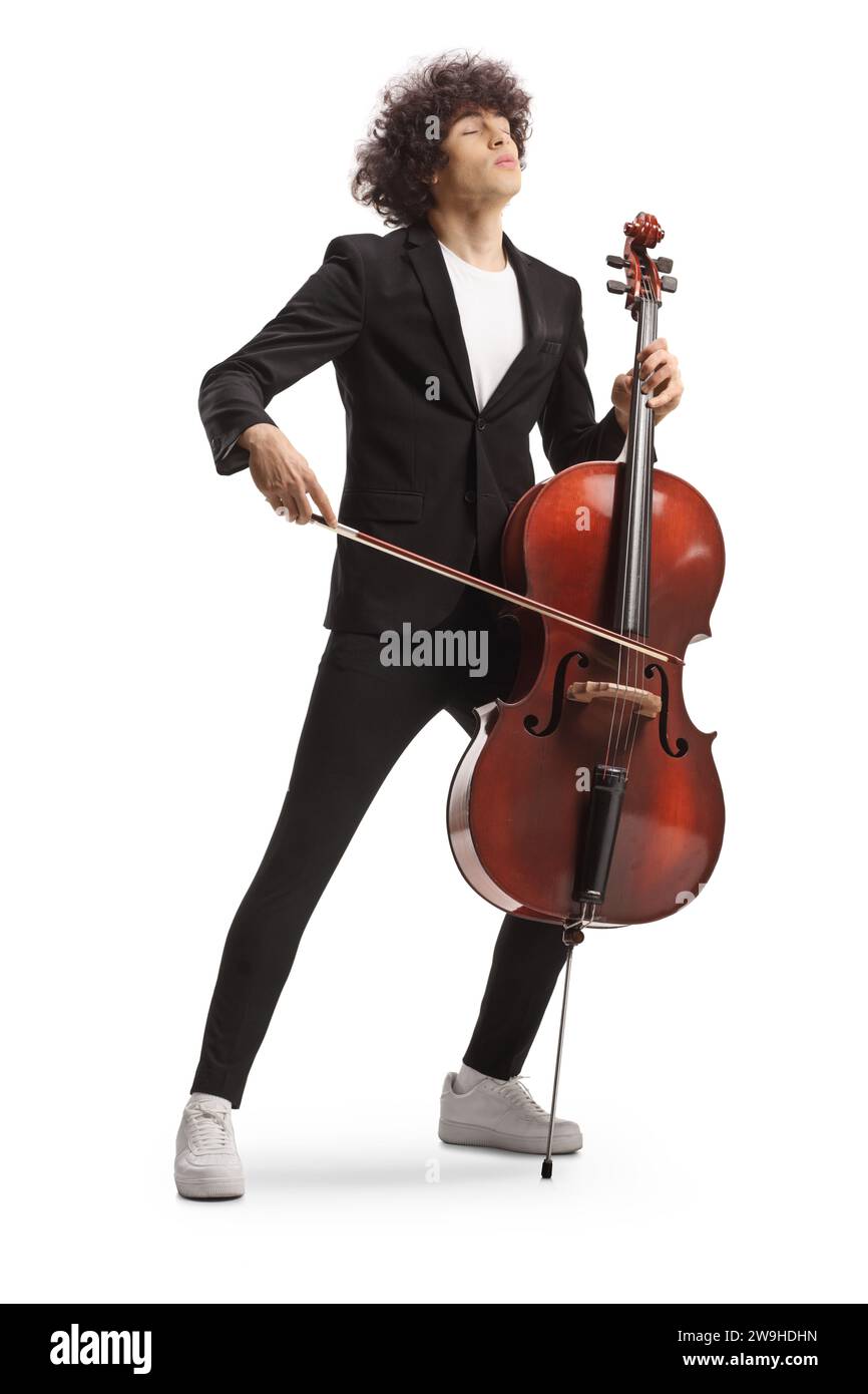 Full length portrait of a male artist playing a cello isolated on white ...