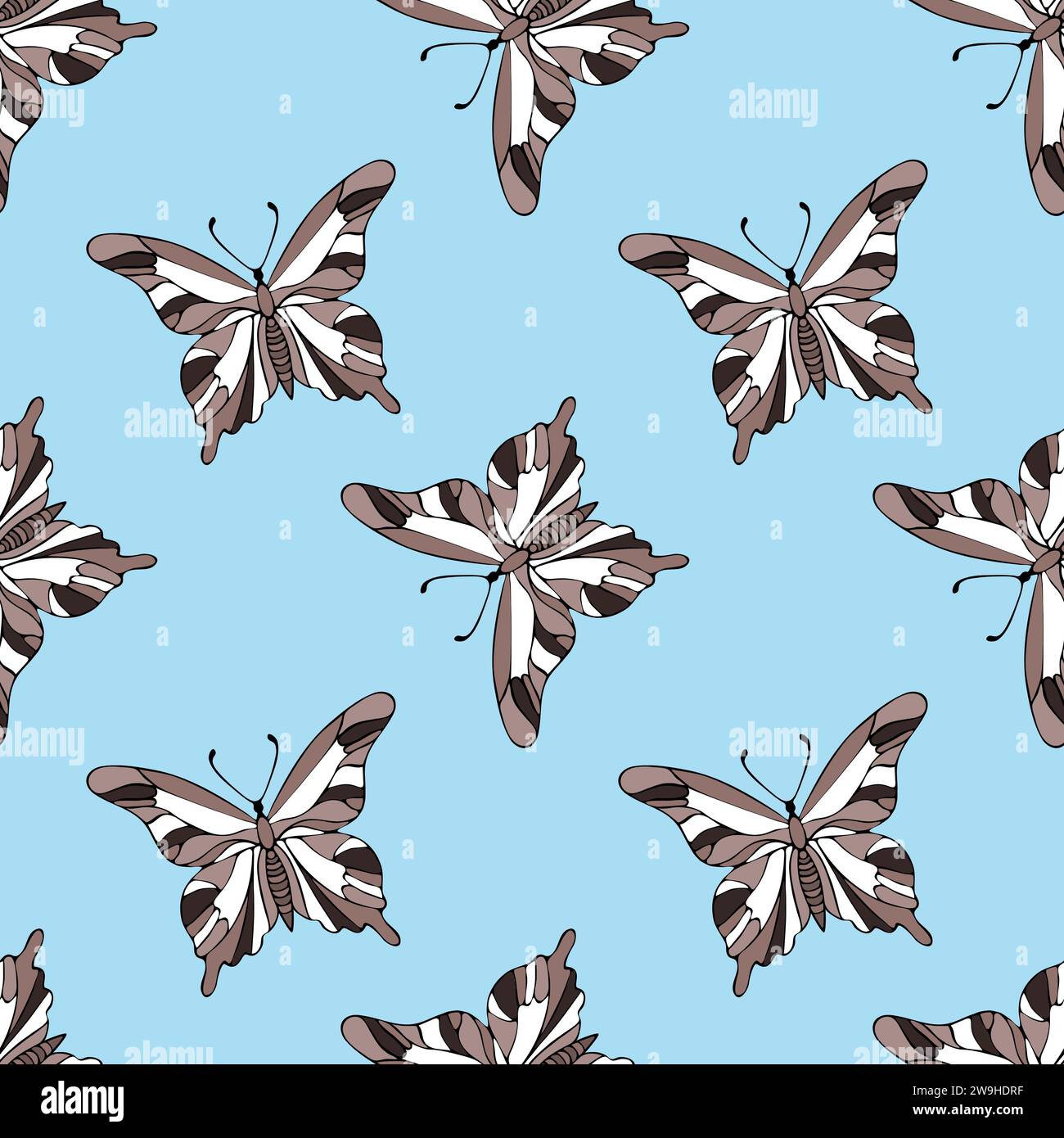 Summer pattern with butterflies on a blue background, hand drawn ...