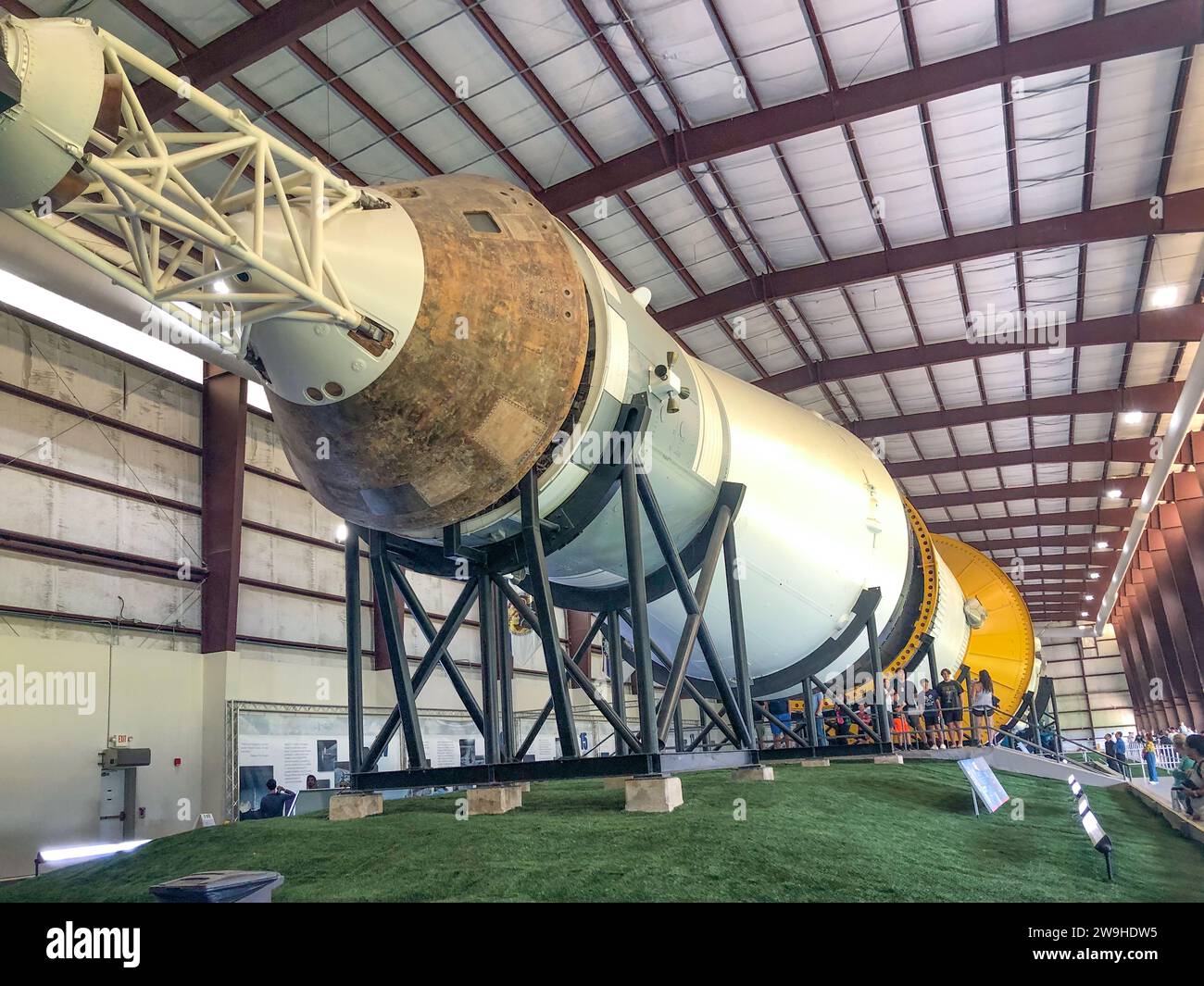 Houston, USA - October 22, 2023: inside hangar with SATURN V Rocket in ...