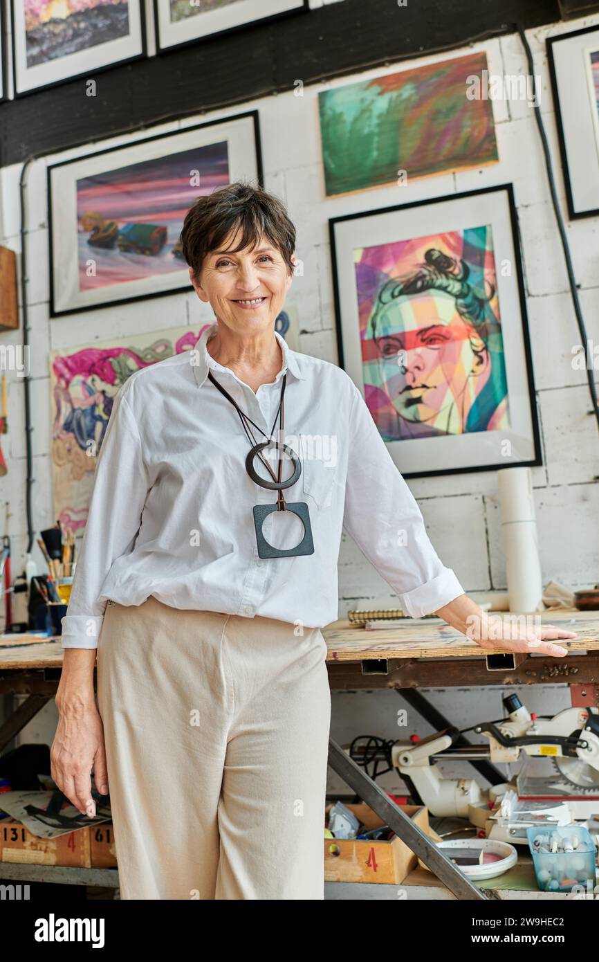 joyful and trendy woman artist looking at camera in art studio with ...