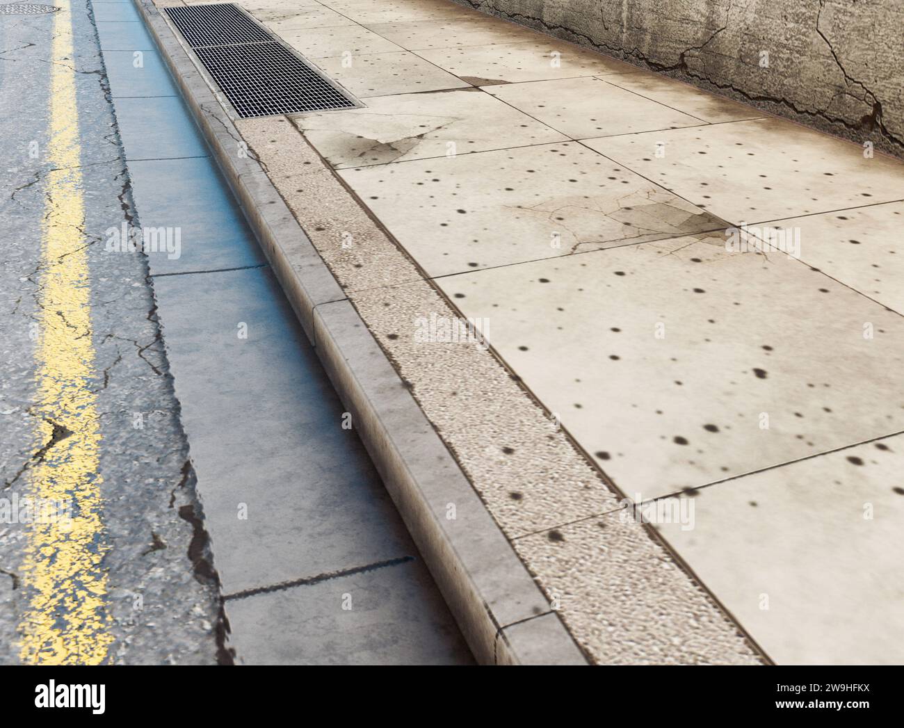 A section of a worn and grubby empty street, paved sidewalk and black ...