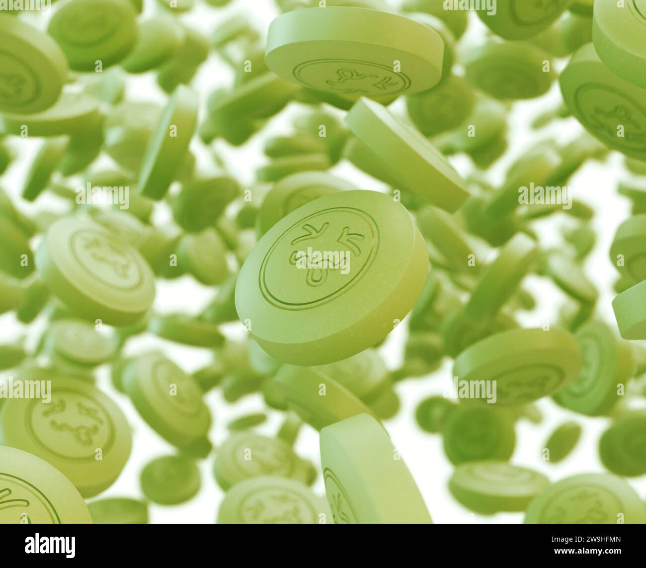 A concept showing a mass array of falling green tablets embossed with a ...