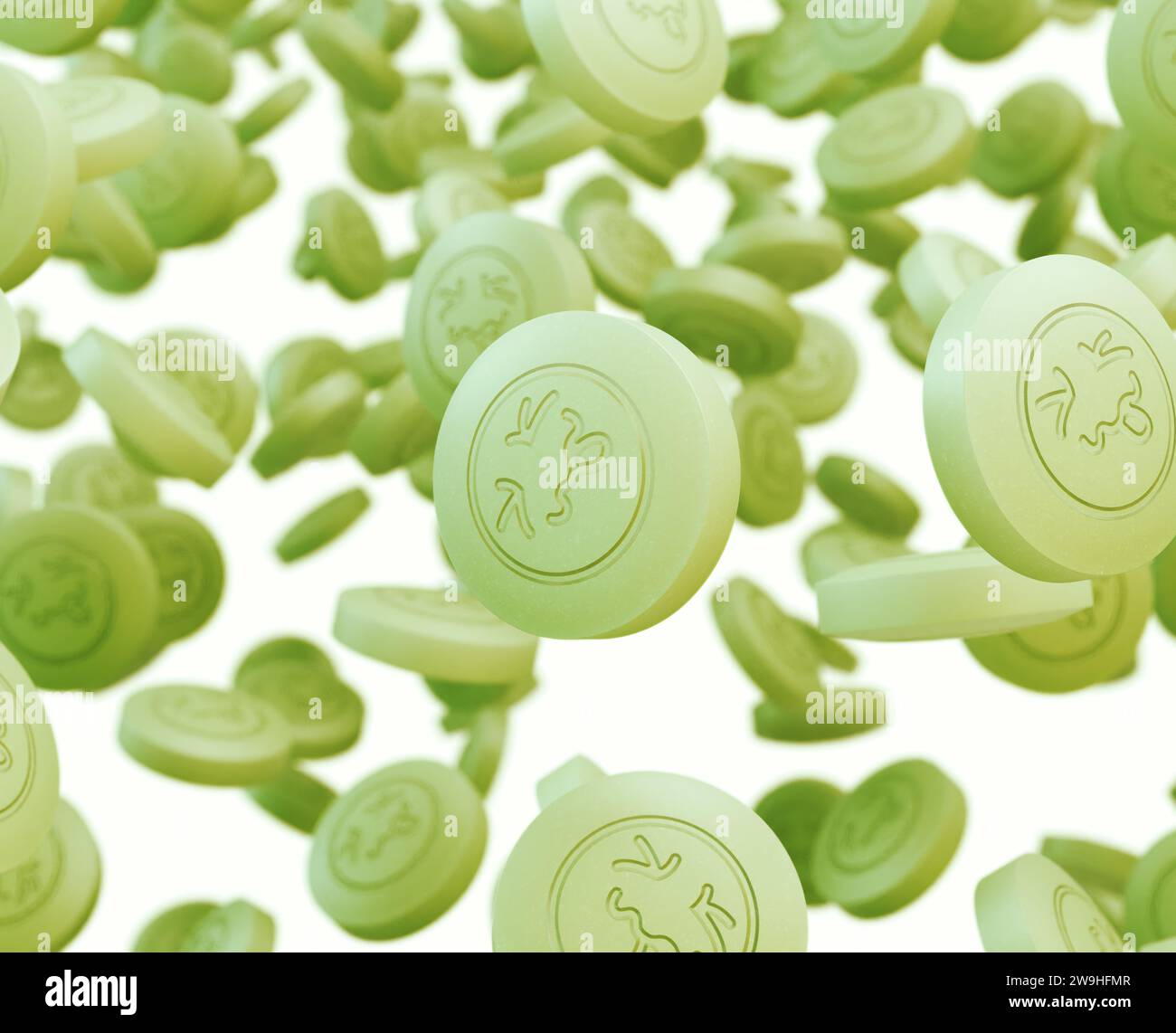 A concept showing a mass array of falling green tablets embossed with a ...