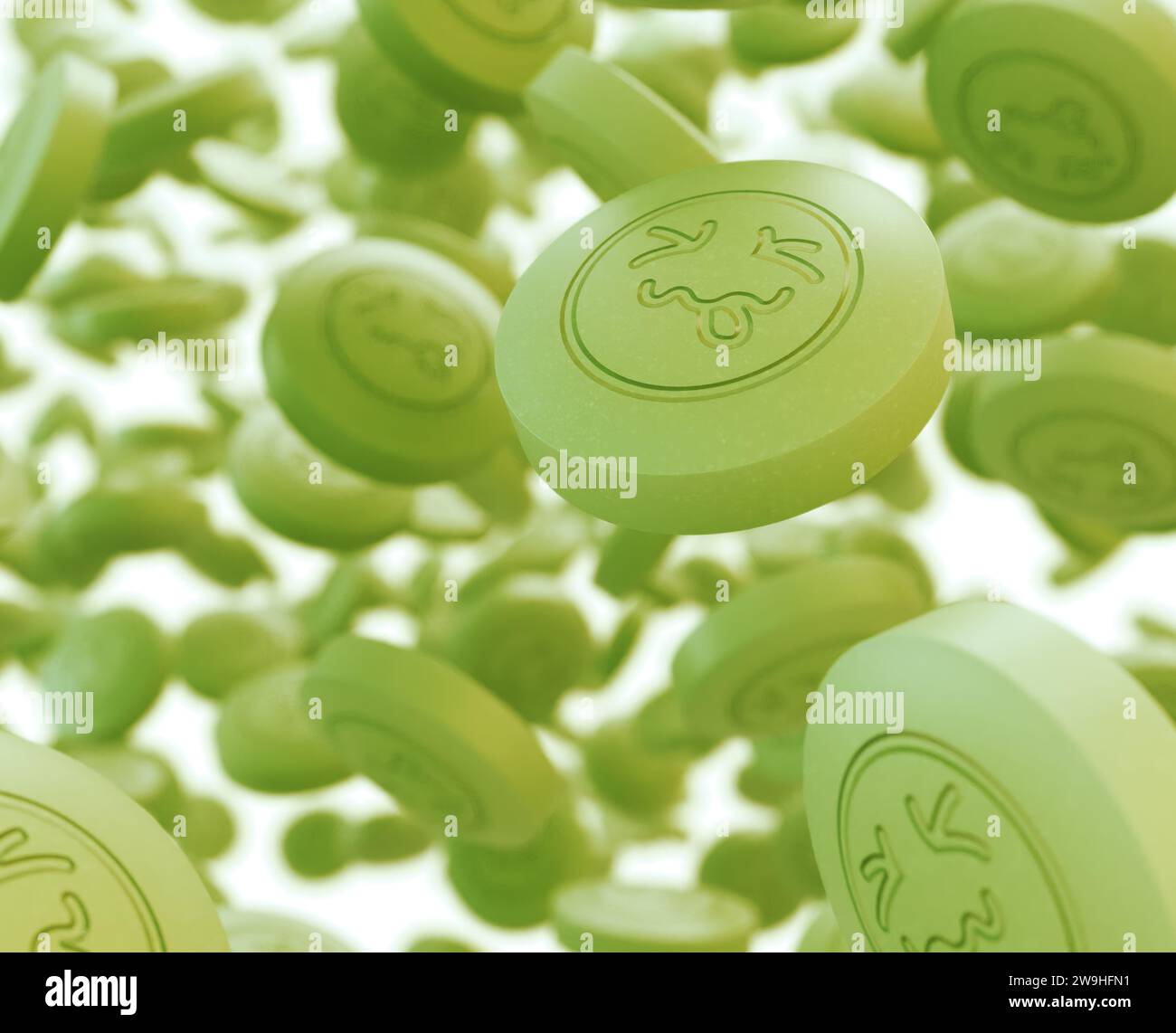 A concept showing a mass array of falling green tablets embossed with a ...