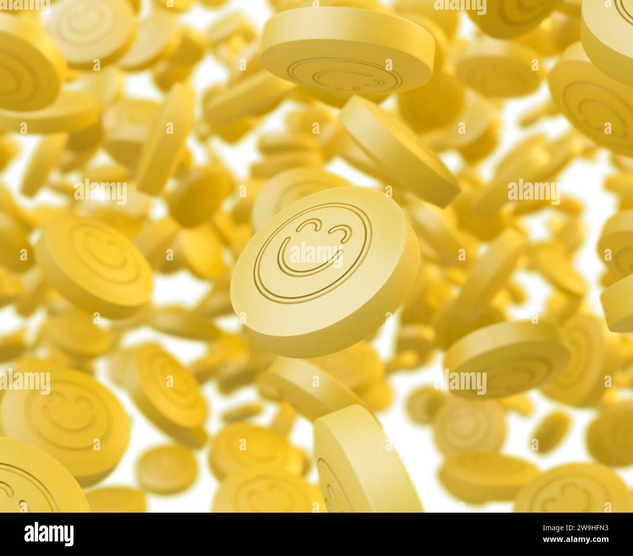 A concept showing a mass array of falling yellow tablets embossed with ...