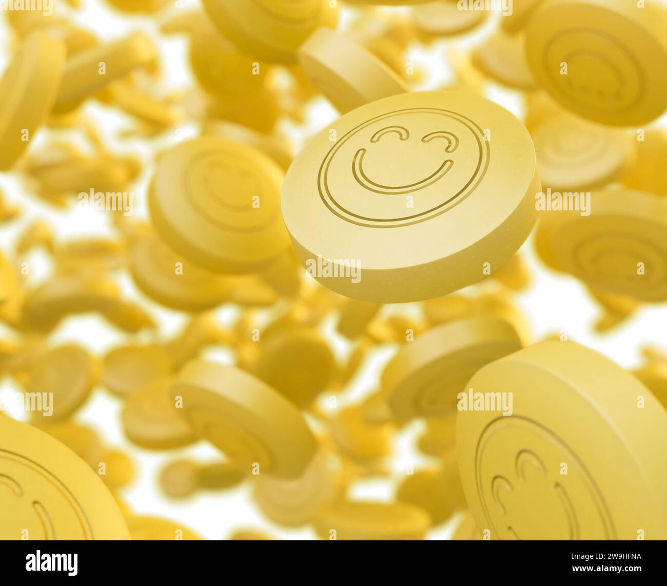 A concept showing a mass array of falling yellow tablets embossed with ...