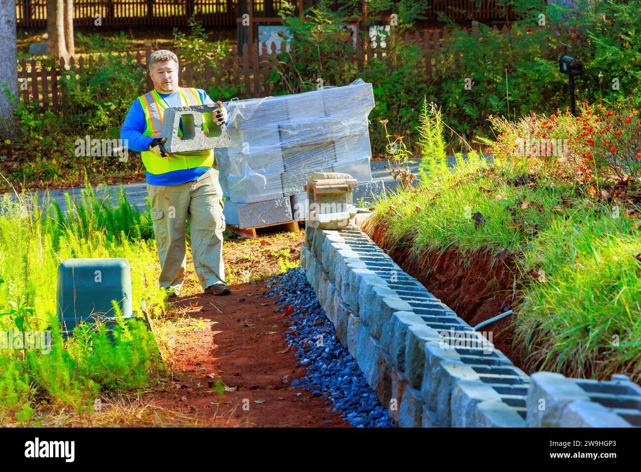 Construction of retaining walls that is being completed by contractor ...