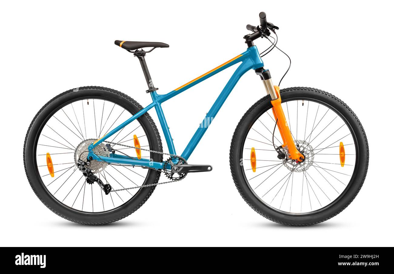 Blue mountain bike isolated on white. Brand new cross country bike with ...