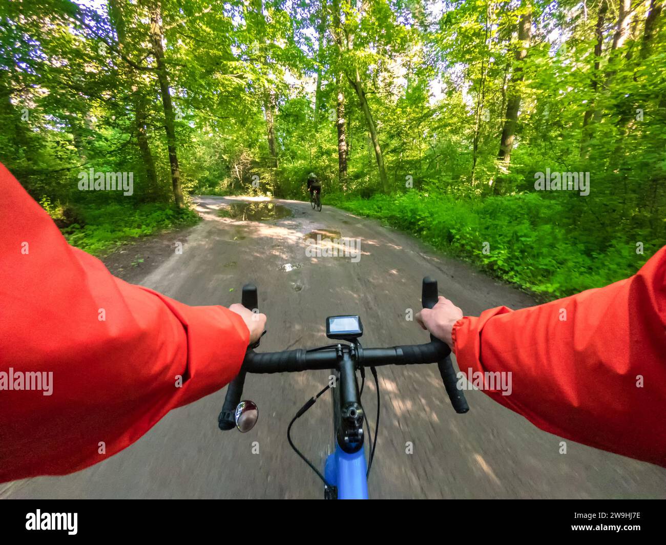 Cyclist on a gravel bike ride in the forest on dirty road. POV original ...