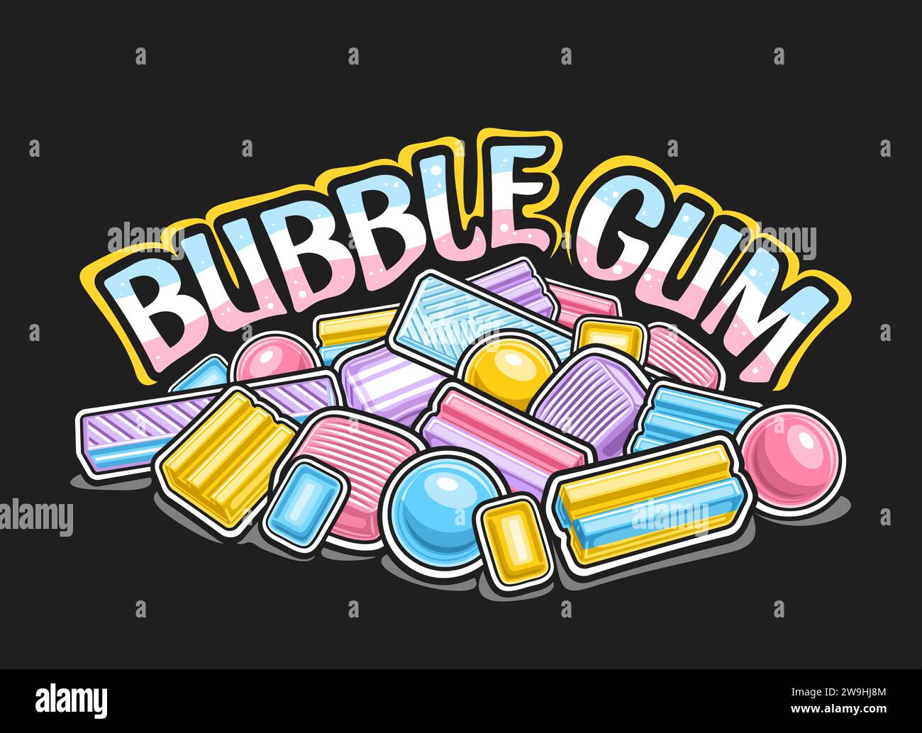 Vector logo for Bubble Gum, decorative horizontal poster with cartoon design vibrant bubblegums ...