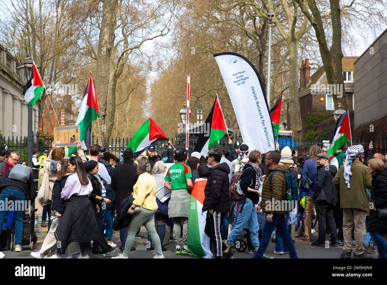Pro-Palestinian protesters gather with flags during a protest outside ...