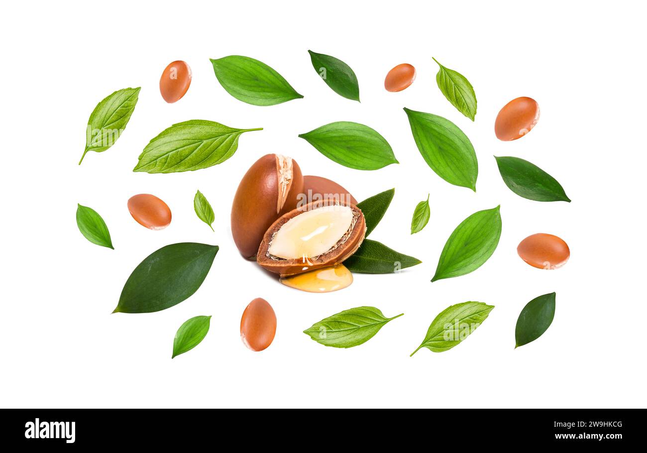 Argan oil and nuts with plant on white background Stock Photo - Alamy