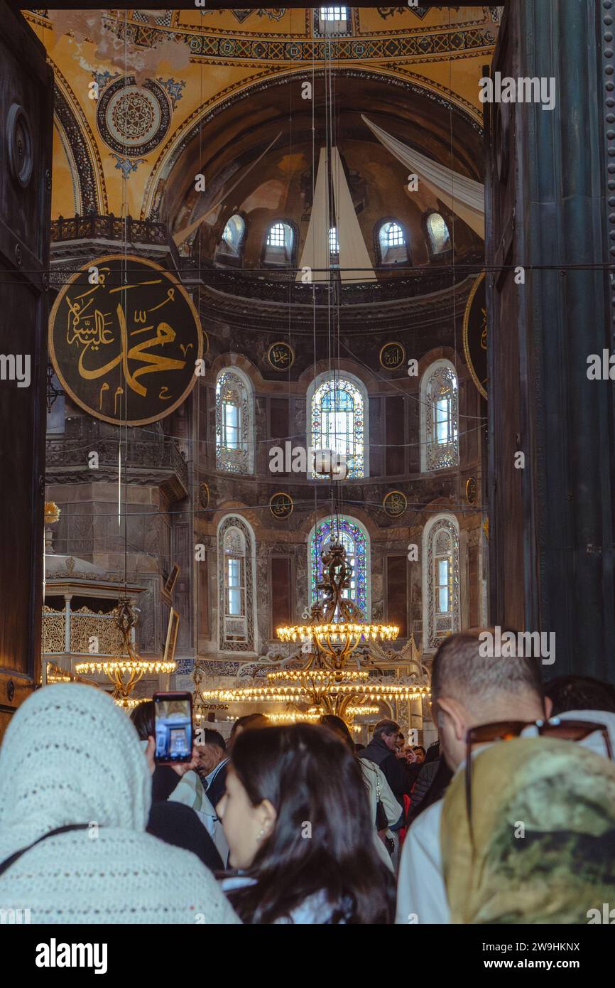 Interior of Hagia Sophia Mosque with tourist crowds, formerly a ...