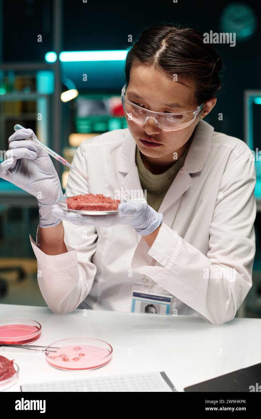 Young female scientist adding water on meat sample using pipette Stock ...