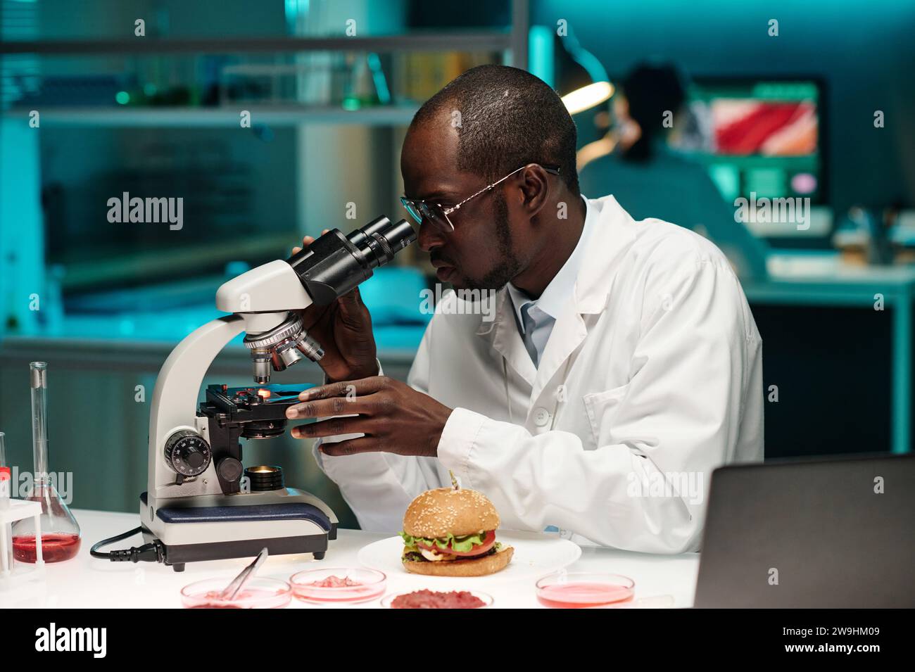 Black researcher attentively looking at piece of lab-grown meat under ...