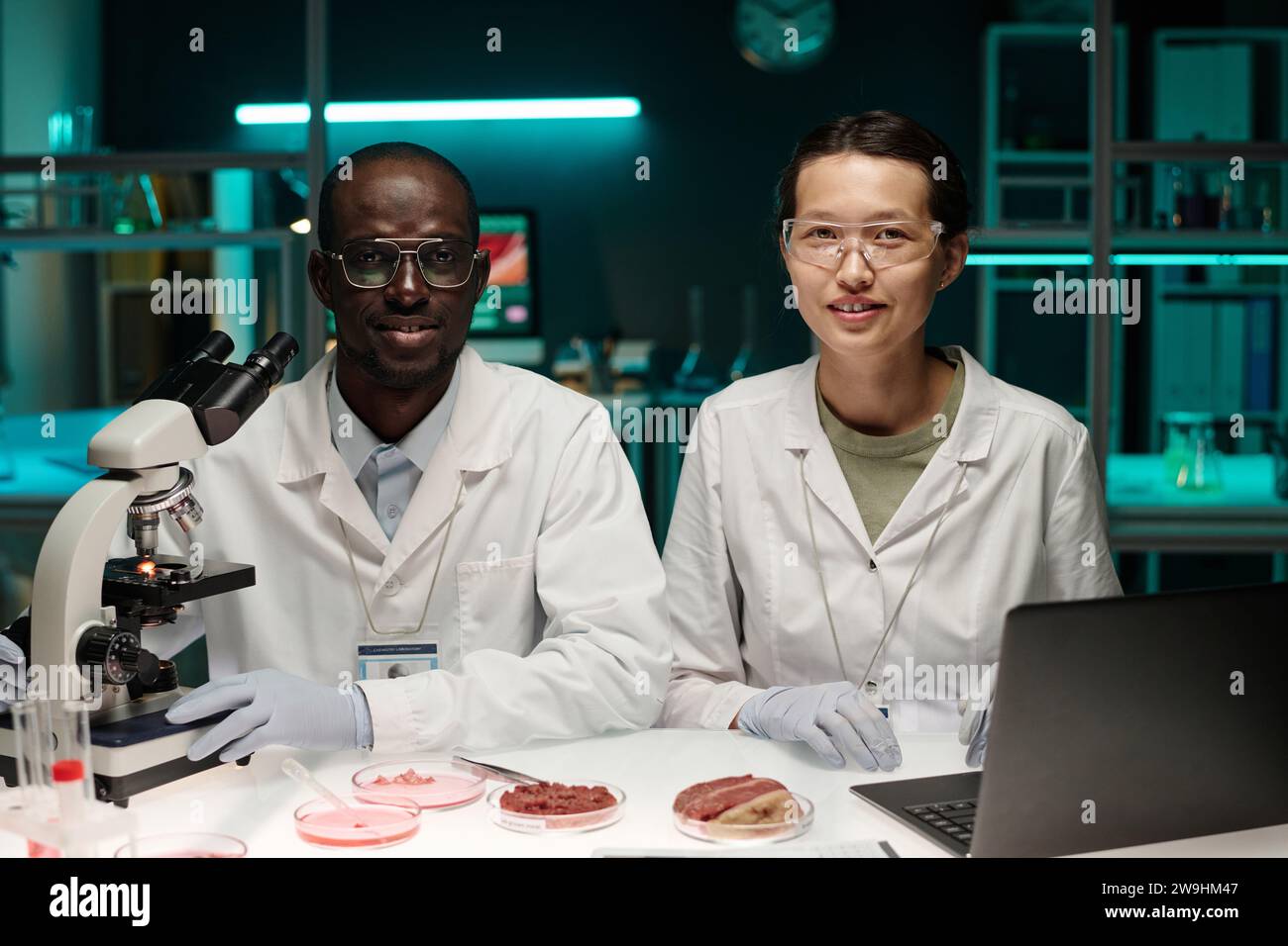 Two young biracial researchers posing together at desk in laboratory ...